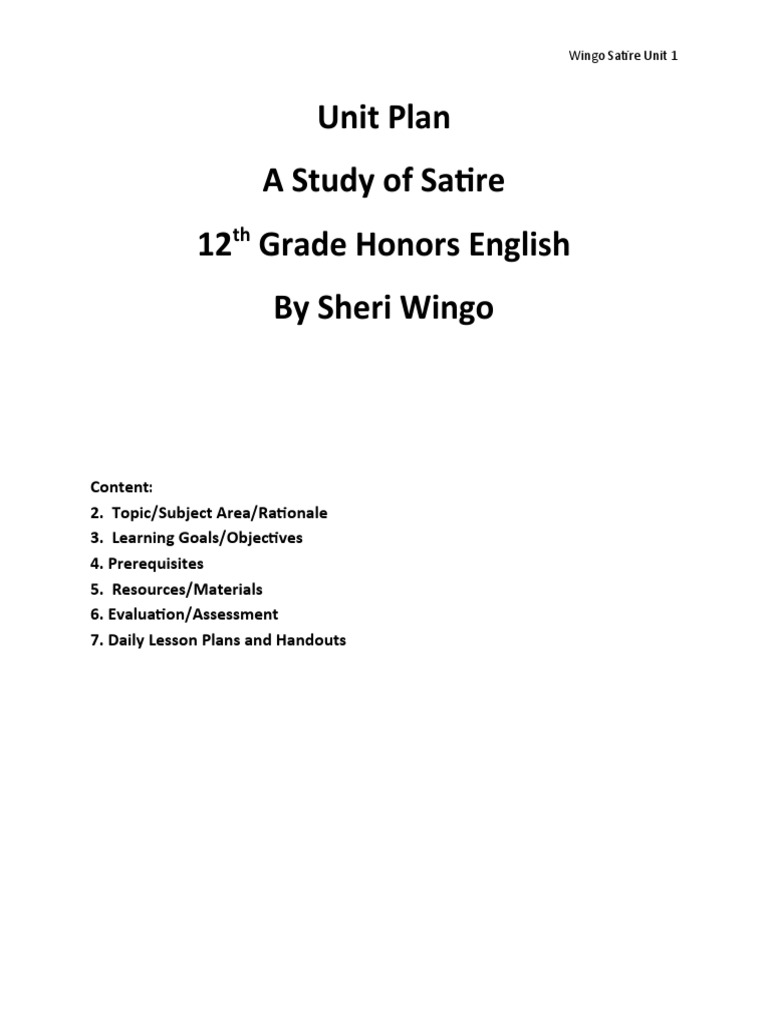 Analyzing Satire: A Comprehensive Unit Plan for Teaching Senior Honors ...