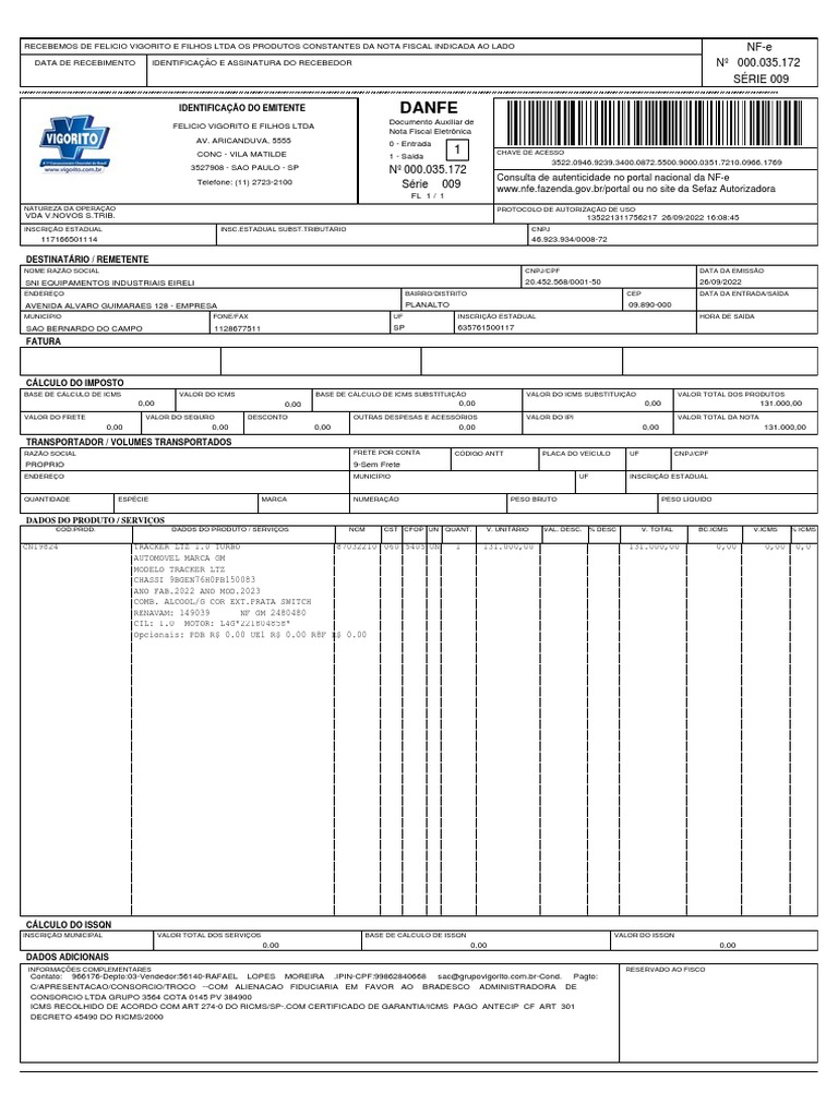 Nota fiscal de venda de um veículo automotor pela Felicio Vigorito e ...
