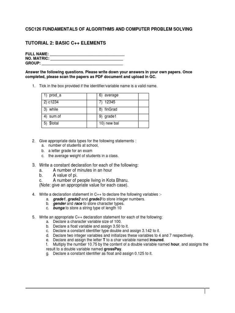 Tutorial 2 Basic C Elements Csc126 Fundamentals Of Algorithms And Computer Problem Solving 