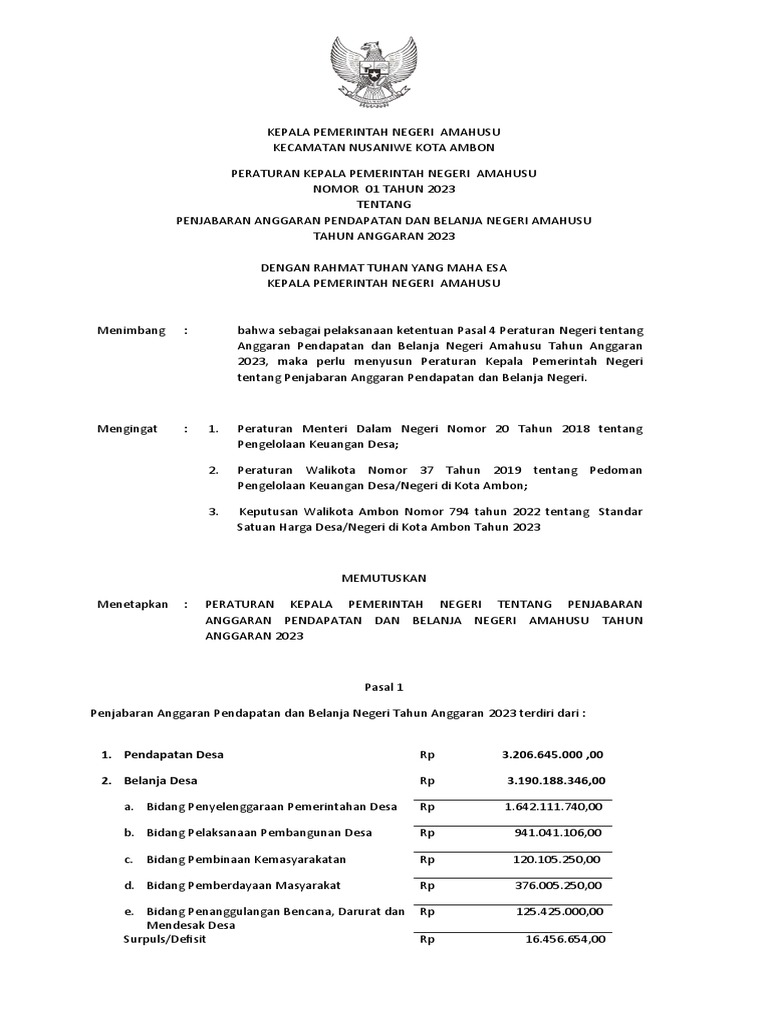 Perkades Penjabaran Apbdes 2023 | PDF