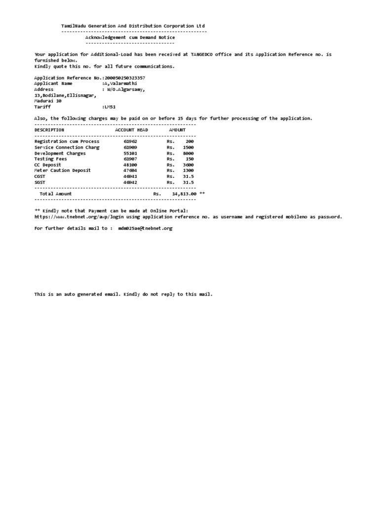 TANGEDCO Additional Load Application Acknowledgement and Payment ...