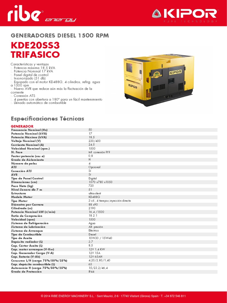 Generadores Kipor 0150 Generadores Diesel 1500 rpm350 KDE20SS3 TRIFASICO | PDF