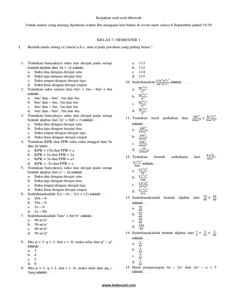 Latihan Soal Matematika Aljabar SMP Kela | PDF