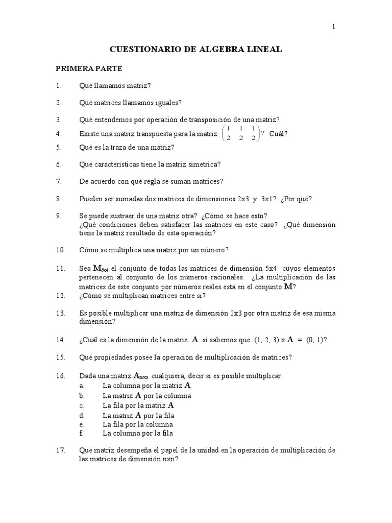 Cuestionario Algebra Lineal | PDF | Determinante | Matriz (Matemáticas)
