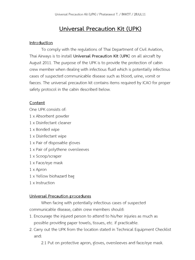 Universal Precaution Kit 28JUL11 | PDF | Flight Attendant | Housekeeping