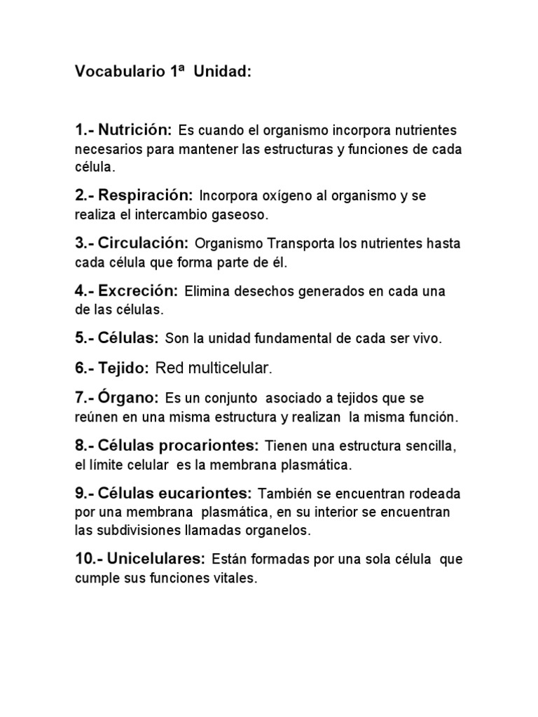 Vocabulario 1 Unidad | PDF | Biología Celular) | Organismos