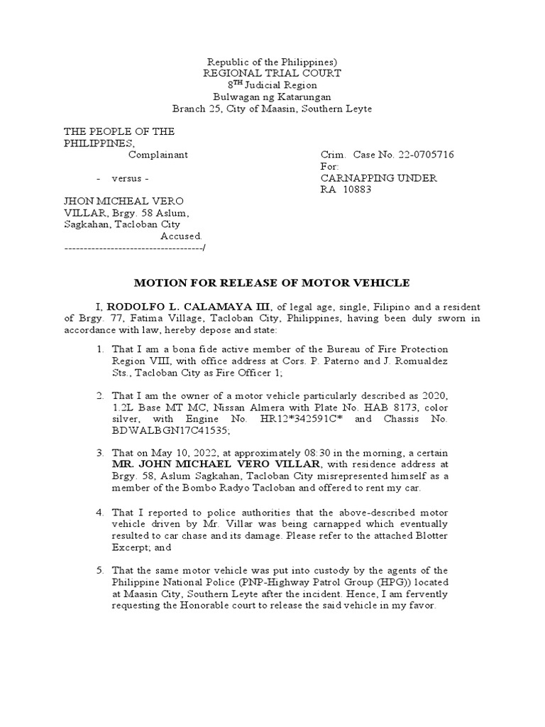 Motion For Release of Motor Vehicle: MR. JOHN MICHAEL VERO VILLAR, With ...