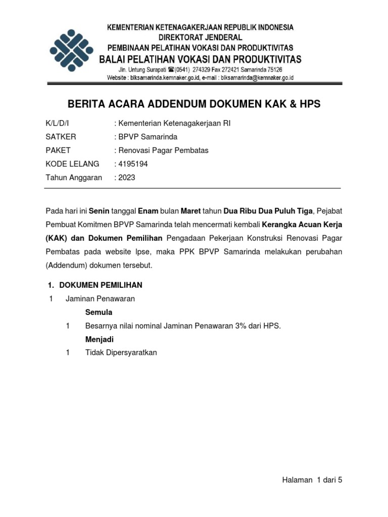 BA Addendum KAK - HPS - Renovasi Pagar | PDF