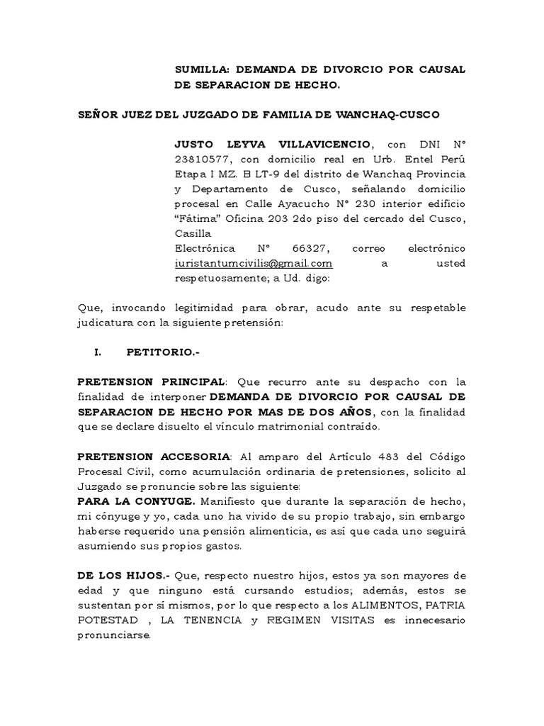 Demanda de Divorcio Por Causal de Separacion de Hecho Justo Leiva | PDF | Divorcio | Demanda ...