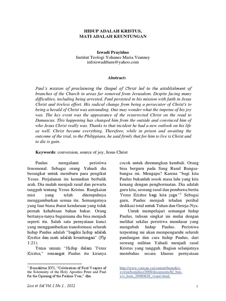 Hidup Adalah Kristus, Mati Adalah Keuntungan: Lux Et Sal Vol.2 No.1, 2021 | PDF