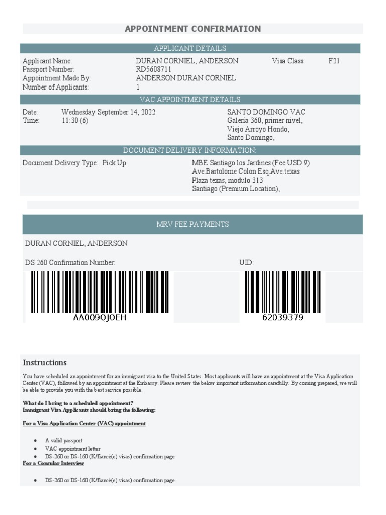 Appointment Confirmation: Applicant Details | PDF | Travel Visa | Passport