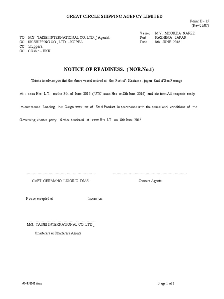 Notice of Readiness 1. EOSP | PDF