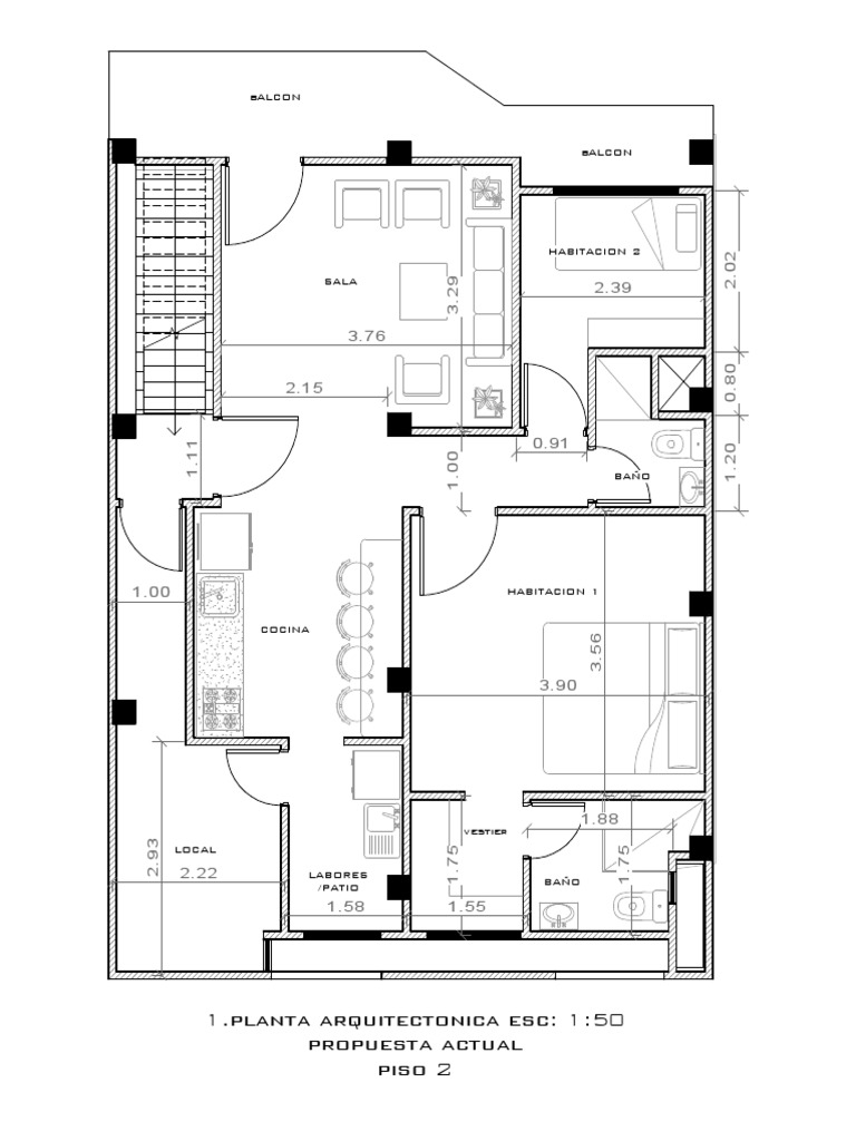 1.planta Arquitectonica Esc: 1:50 Propuesta Actual Piso 2: Balcon | PDF
