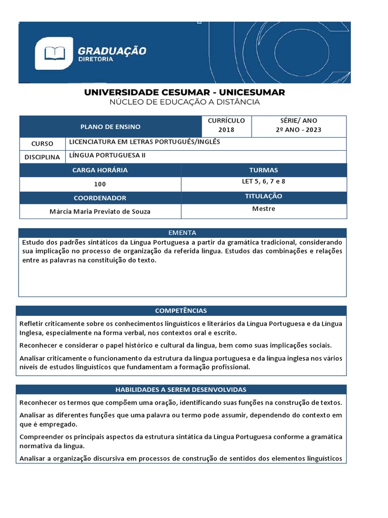 Universidade Cesumar - Unicesumar: Plano de Ensino | PDF | Gramática | Linguística