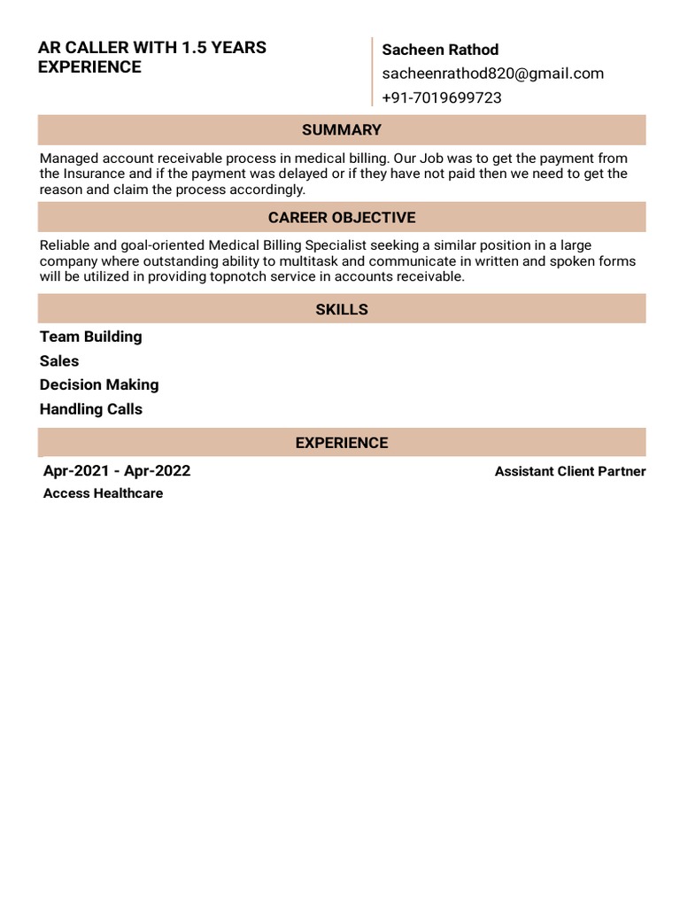 Ar Caller With 1.5 Years Experience: Sacheen Rathod | PDF