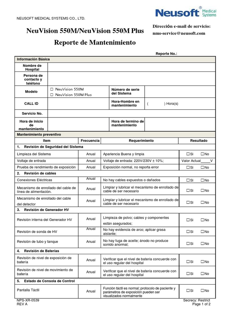 Neuvision 550M/Neuvision 550M Plus Reporte de Mantenimiento: Dirección ...