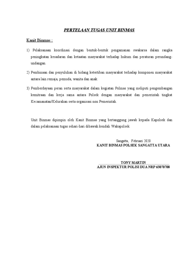 Kanit Binmas:: Pertelaan Tugas Unit Binmas | PDF