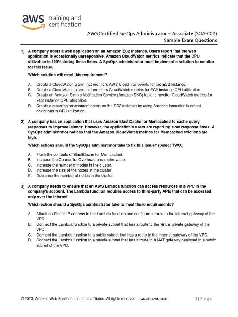 AWS Certified SysOps Administrator Associate - Sample Questions | PDF | Amazon Web Services ...