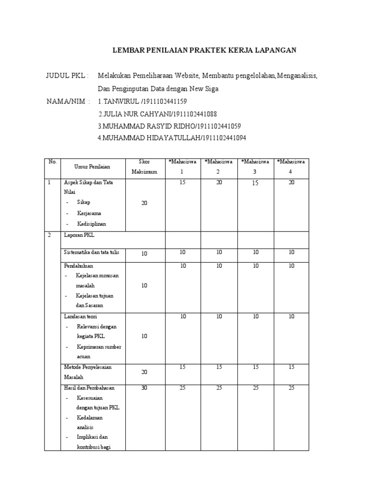 Lembar Penilaian PKL Mahasiswa | PDF