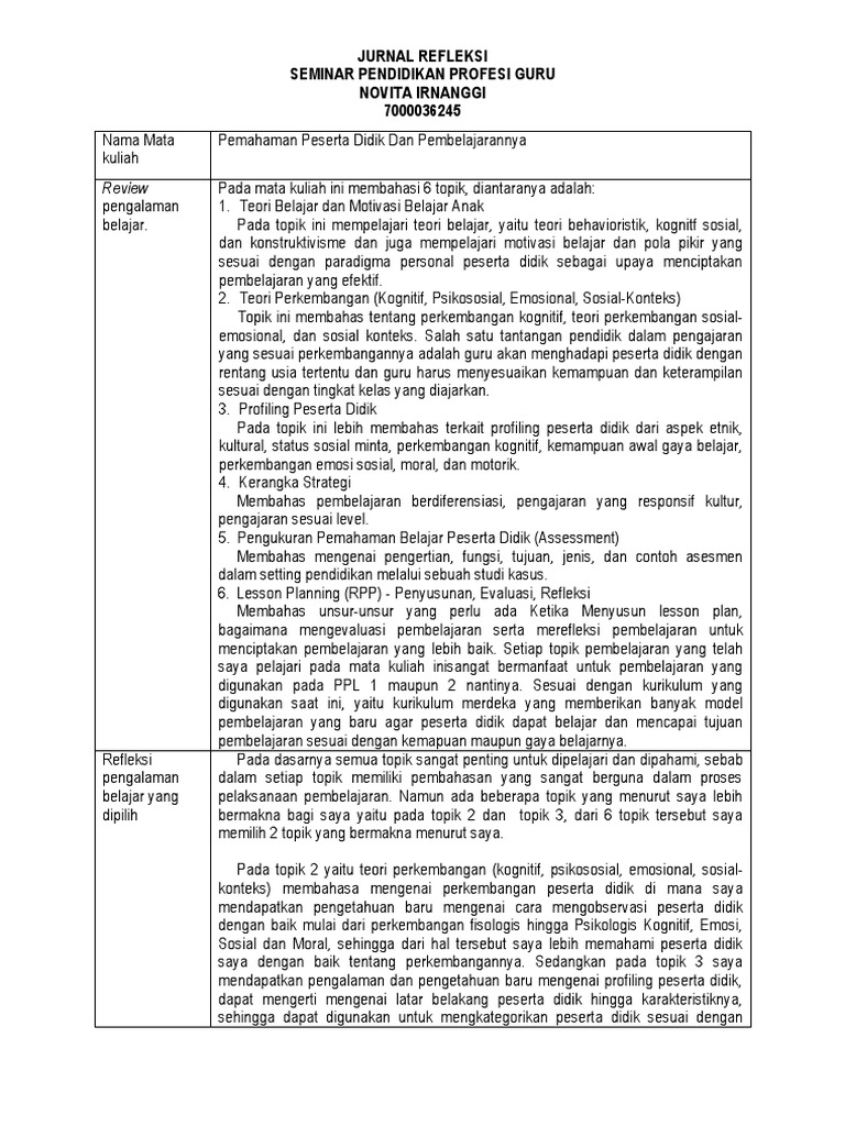 Jurnal Refleksi Mata Kuliah PPDP | PDF