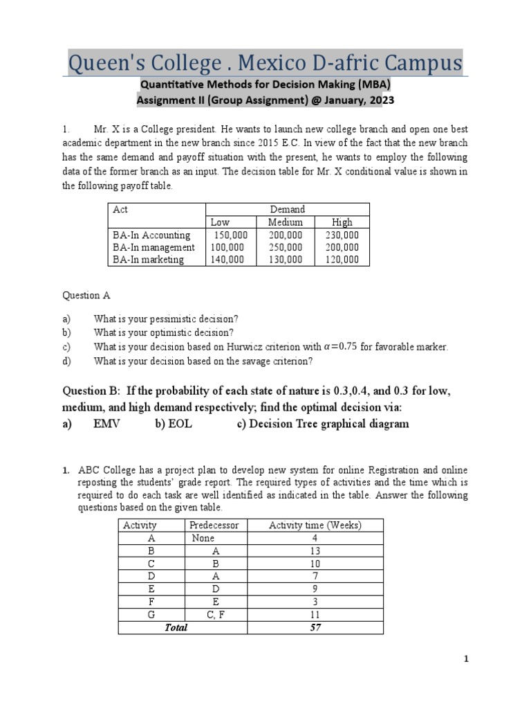 41 Group Assignment, Quantitative Method Queens College Edited | PDF ...