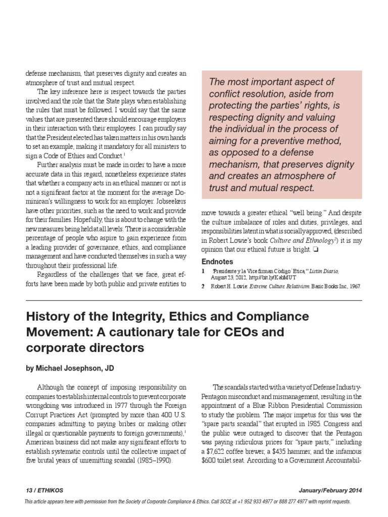 Scce 2014 01 Ethikos Josephson | PDF | Savings And Loan Association | Bribery