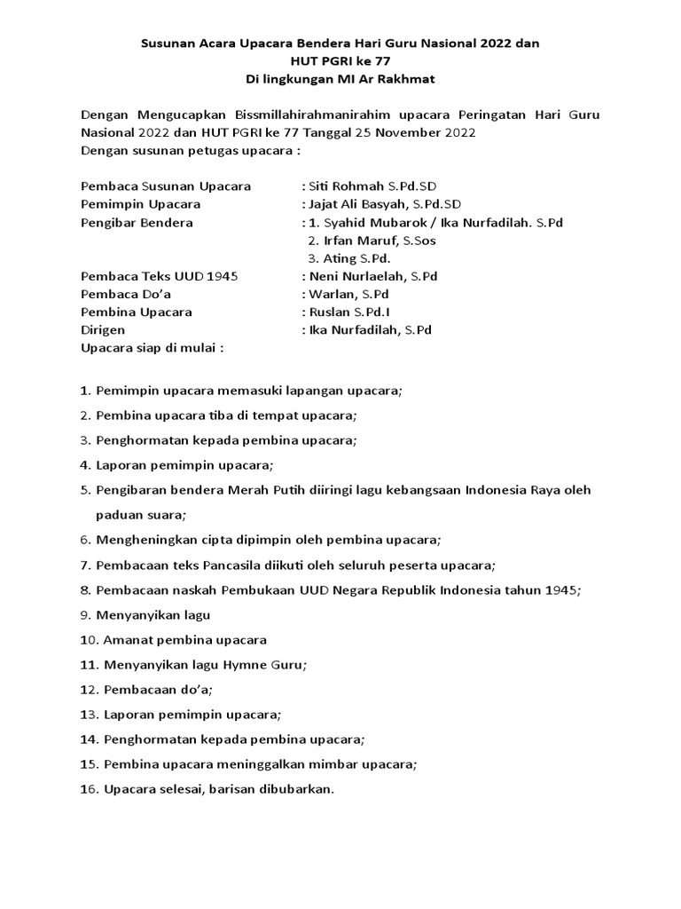 Susunan Acara Upacara Bendera Hari Guru Nasional 2022 Dan | PDF