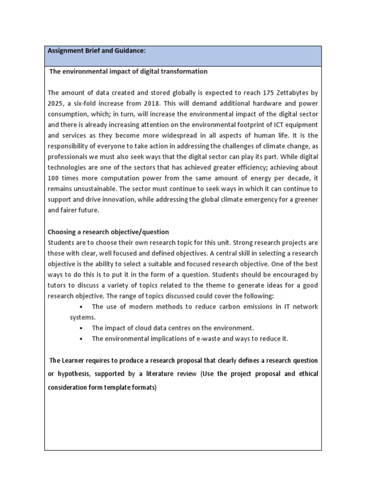 Assignment Brief and Guidance - The Environmental Impact of Digital Transformation | PDF