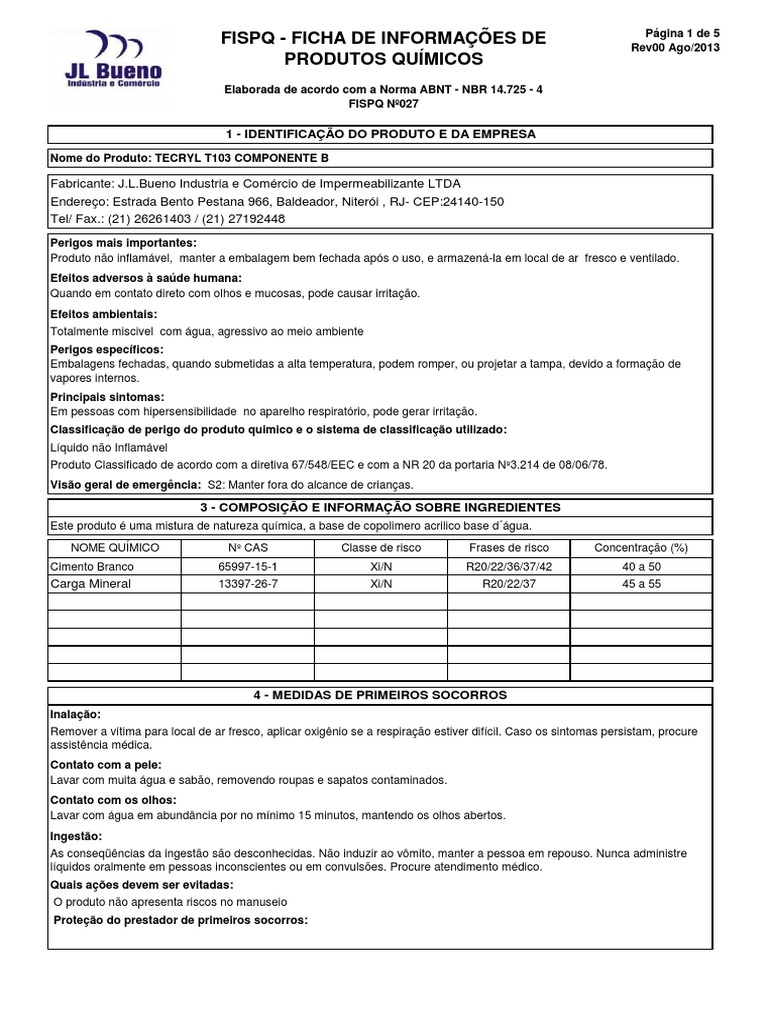 027-Fispq Tecryl T103 Comp.b | PDF | Embalagem e rotulagem | Águas residuais