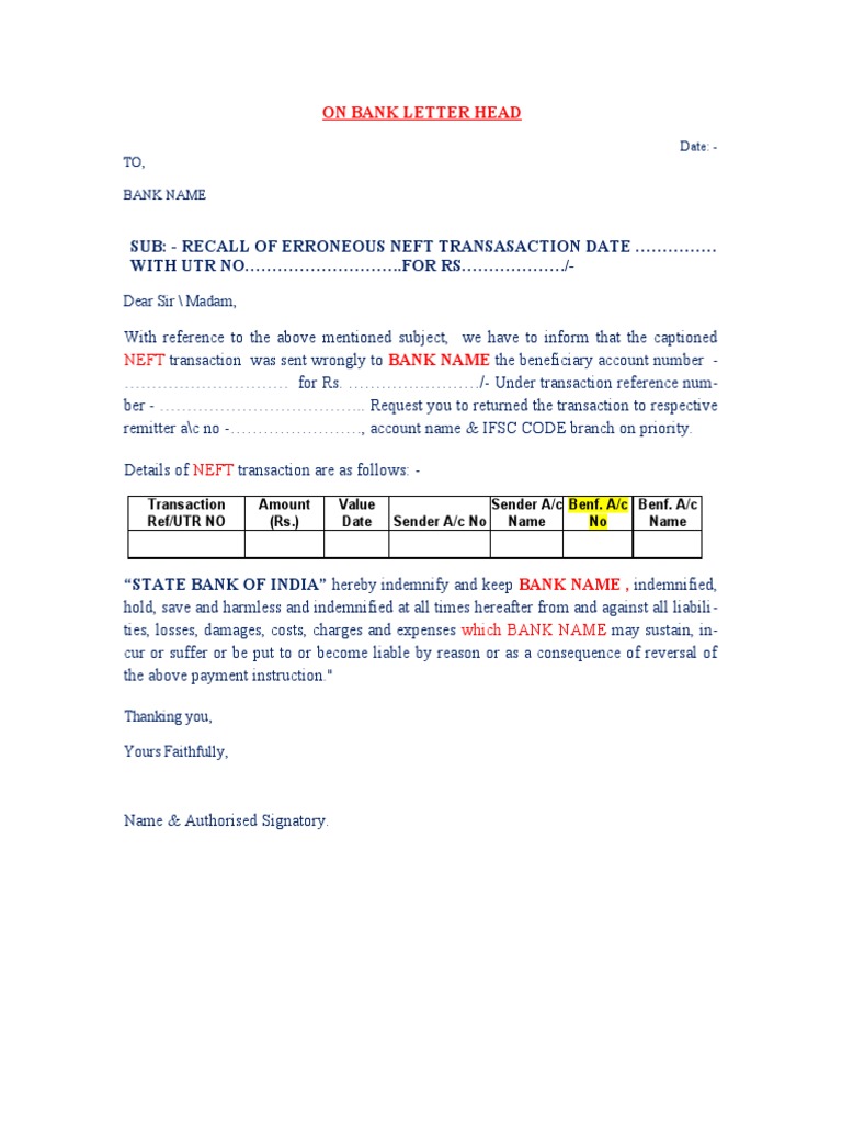Indeminity Format For Wrong Neft | PDF