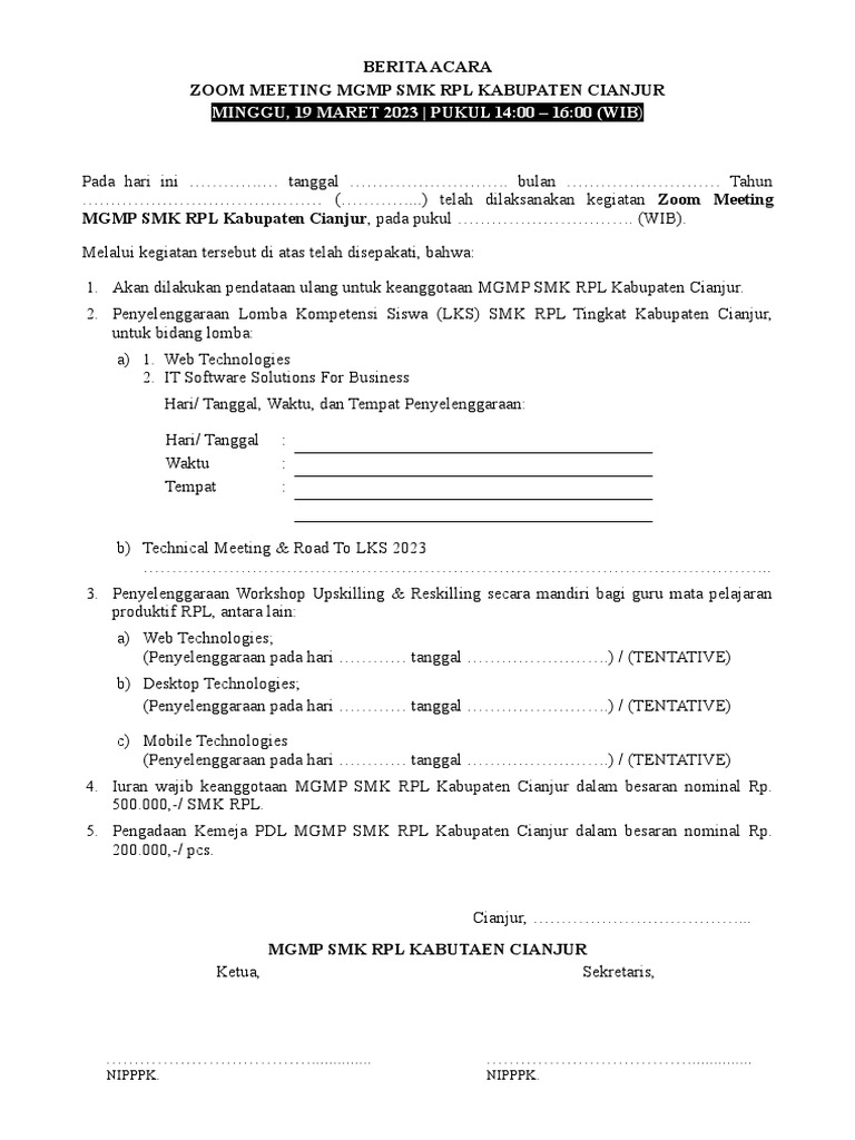 Berita Acara Zoom Meeting MGMP RPL | PDF