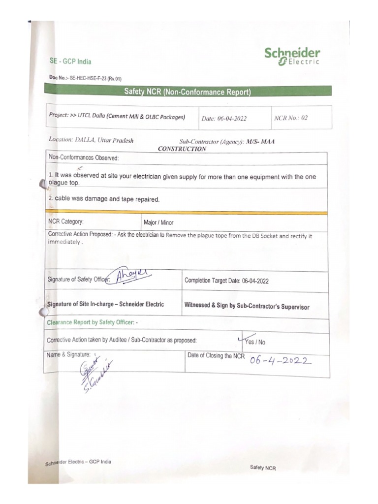 Safety NCR (Non-Conformance Report) | PDF