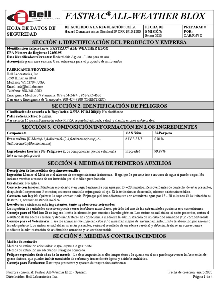 12455-95 Fastrac All Weather Blox SDS 0120 Spanish | PDF | Agua | Residuos