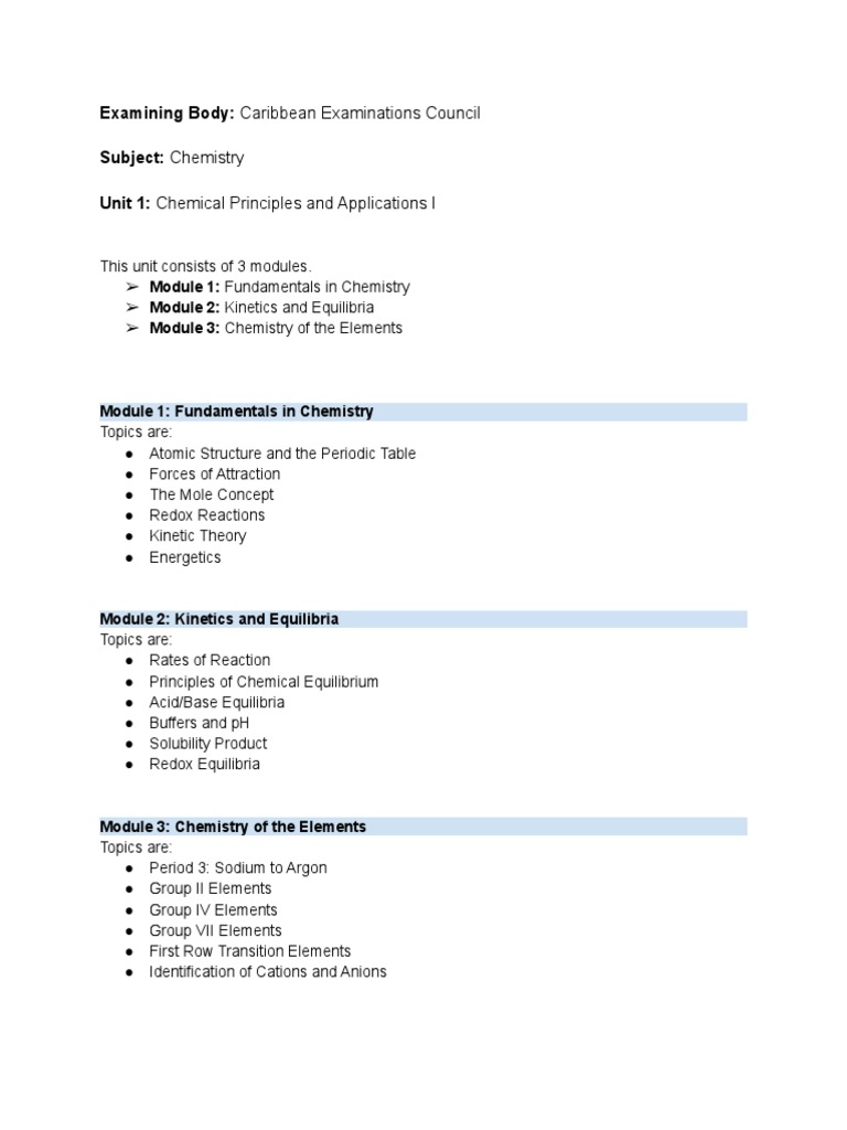 CAPE Chemistry U1 - Breakdown of Syllabus | PDF | Chemical Bond ...