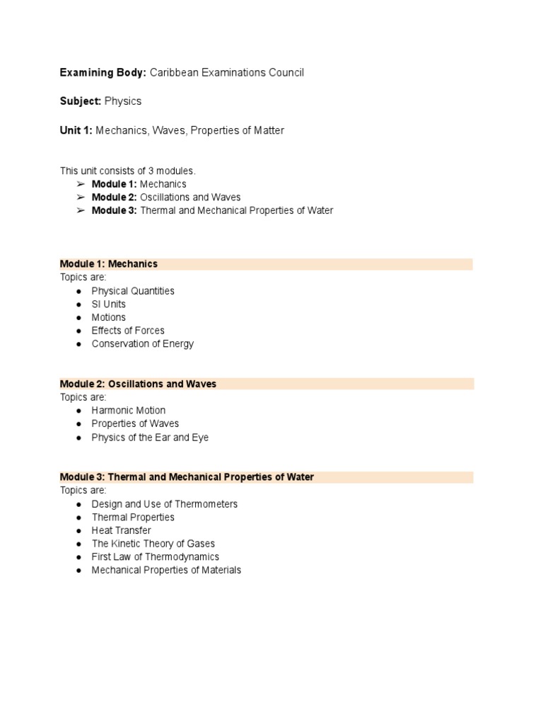 CXC Physics Unit 1: Mechanics & Waves | PDF | Heat | Waves