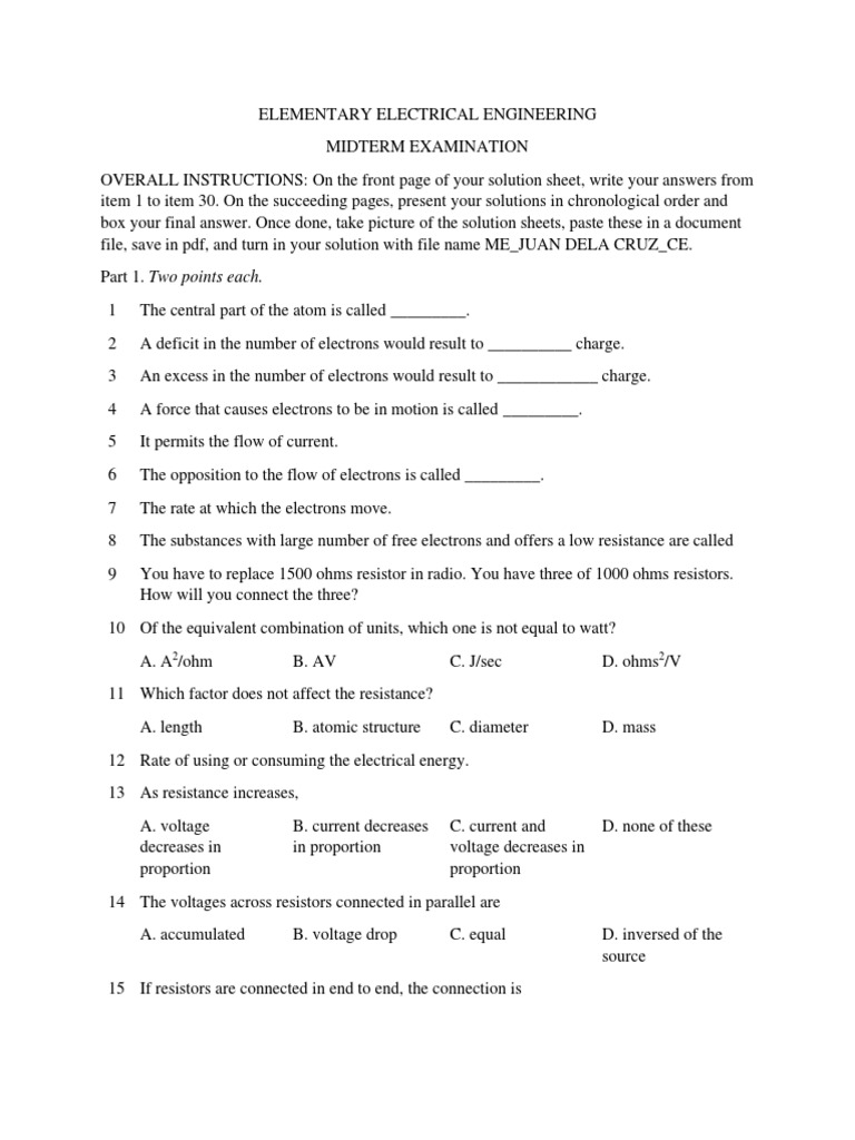 Elementary Electrical Engineering Exam | PDF | Electrical Resistance ...