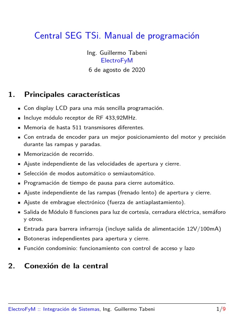 Central Seg Tsi. Manual de Programaci On: 1. Principales Caracter ...