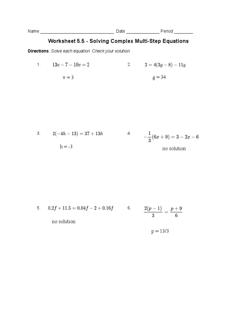 Worksheet 5.5 - Solving Complex Multi-Step Equations: Directions: Solve ...