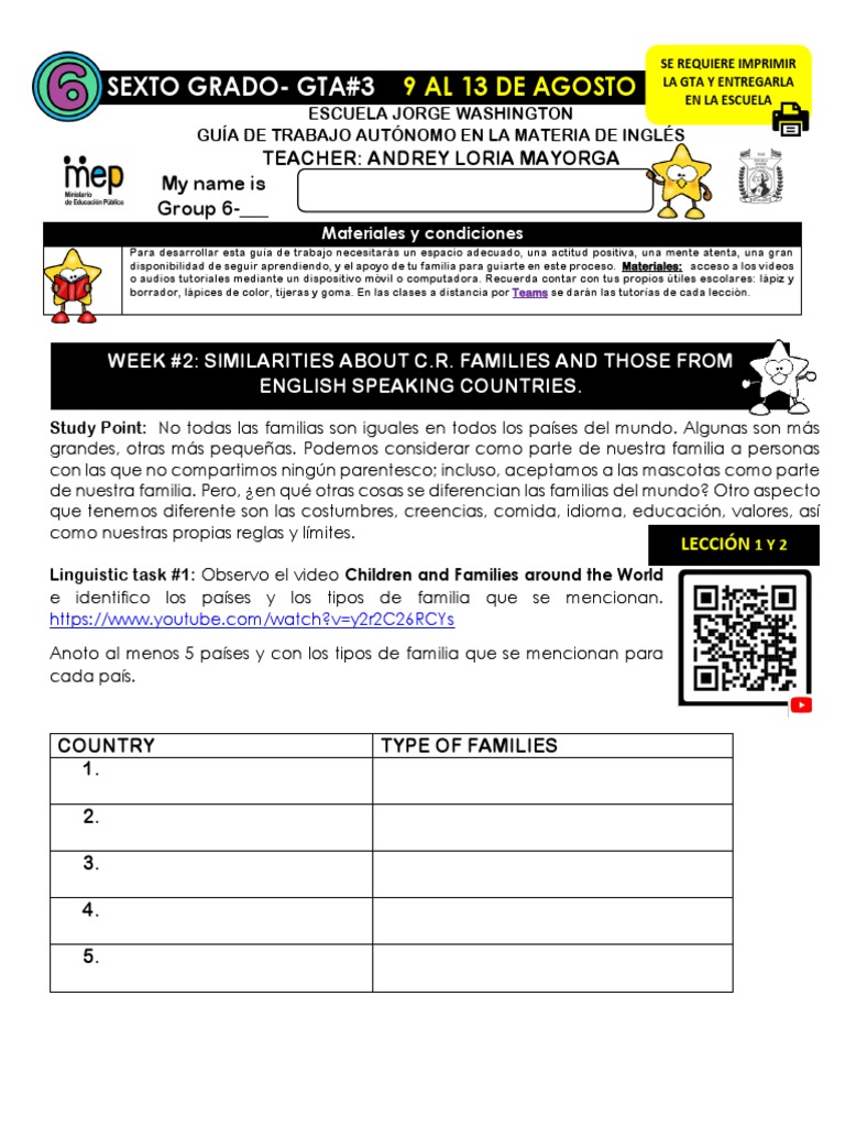 Gta 6TH Grade - Unit 3 - Week 2 - Del 9 Al 13 de Agosto | PDF