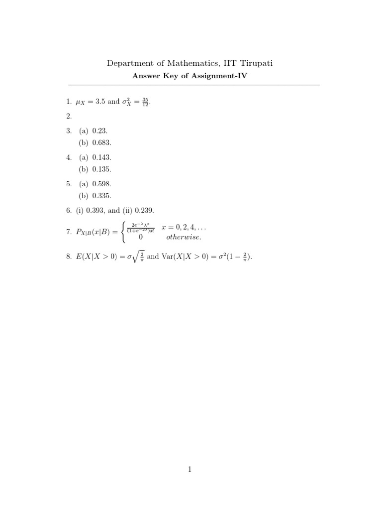 IIT Tirupati Math Assignment IV Answer Key | PDF
