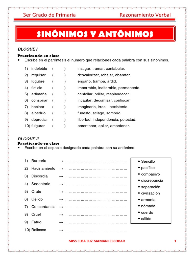 3° Sinónimos y Antónimos | PDF