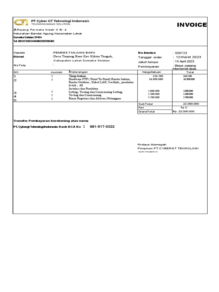 Invoice Pasang Internet Desa Tanjung Baru | PDF
