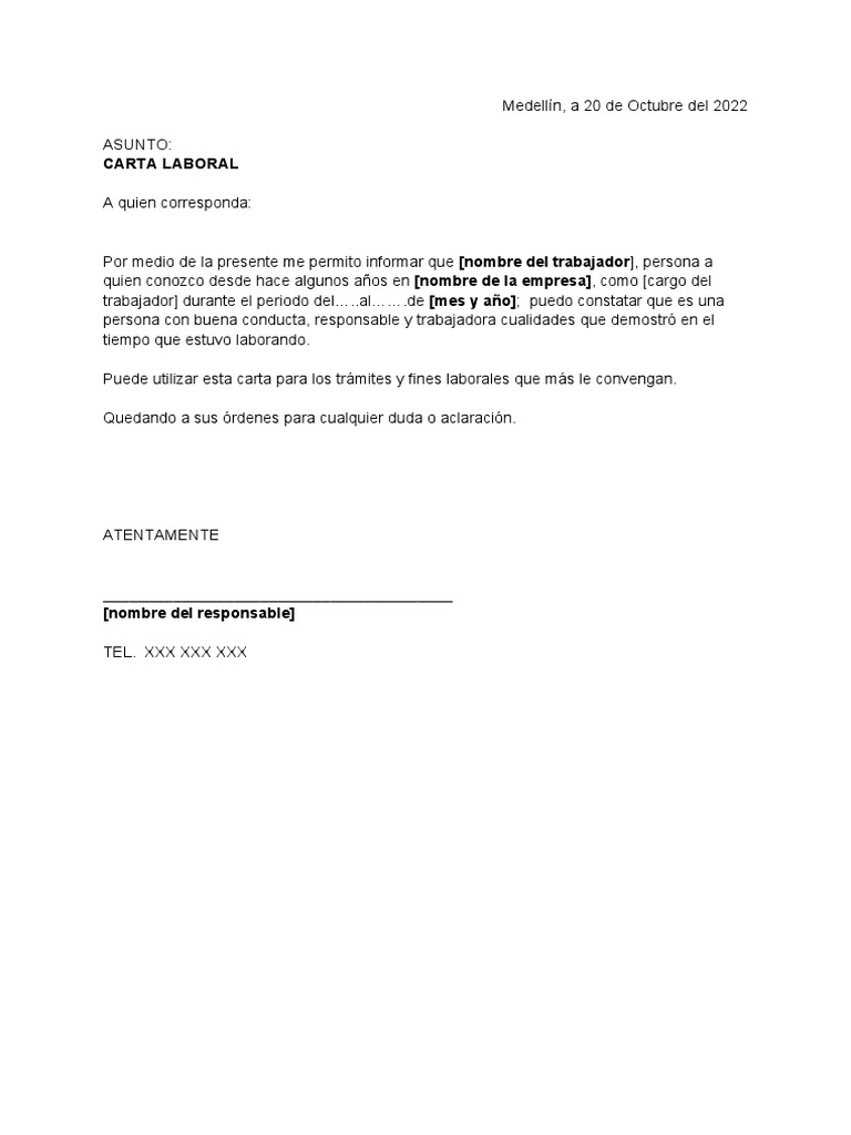 Carta Laboral Modelo 001 | PDF