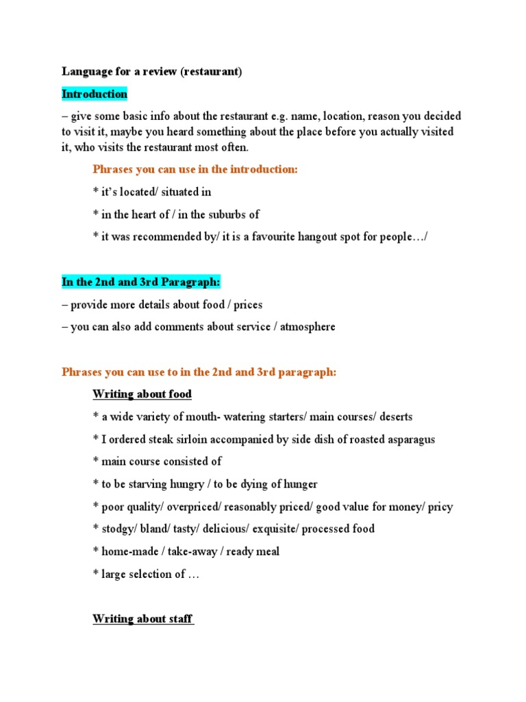 Structure and Language For A Review (Restaurant) | PDF