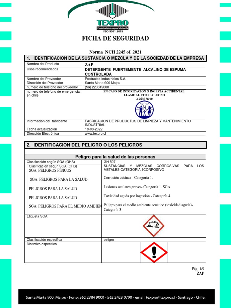 Ficha de Seguridad: Norma NCH 2245 Of. 2021 | PDF | Agua | Residuos