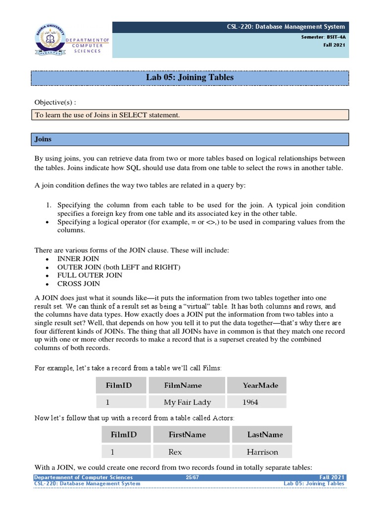 Lab 05: Joining Tables: Joins | PDF | Table (Database) | Data Management Software