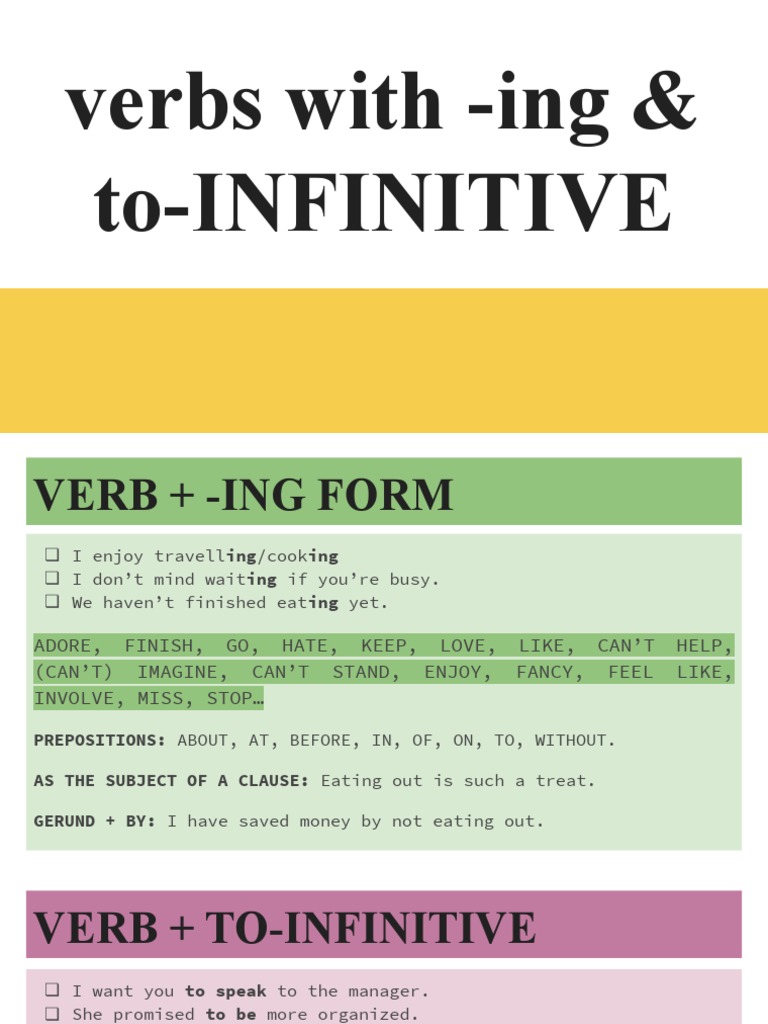 Verbs With - Ing & to-InFINITIVE | PDF | Verb | Syntax