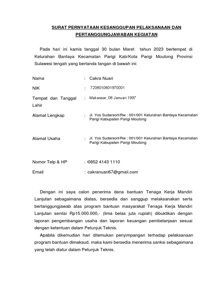 Surat Pernyataan Keanggupan TKML Ta 2023 | PDF