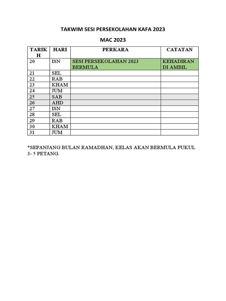 Takwim Kafa 2023 | PDF