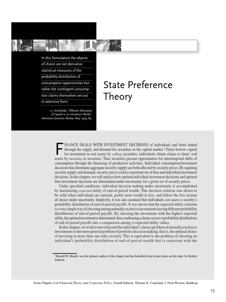 State Preference Theory: - J. Hirshleifer, "Efficient Allocation of ...